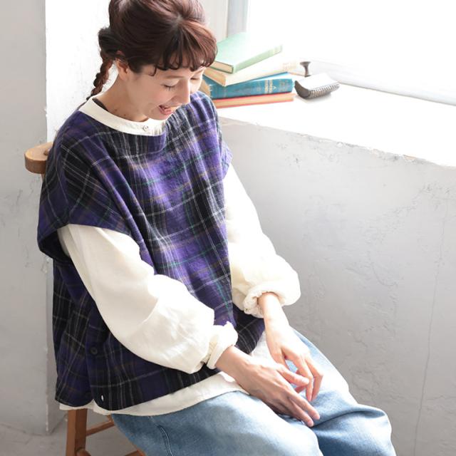 《通常販売START！》あしたのふく 夜長のチェックなベスト レディース プルオーバー ノースリーブ フレンチスリーブ トップス