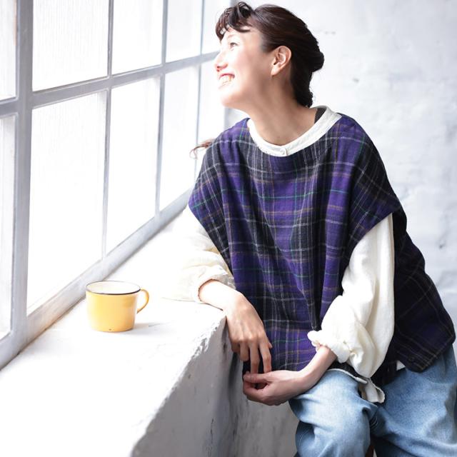 《通常販売START！》あしたのふく 夜長のチェックなベスト レディース プルオーバー ノースリーブ フレンチスリーブ トップス