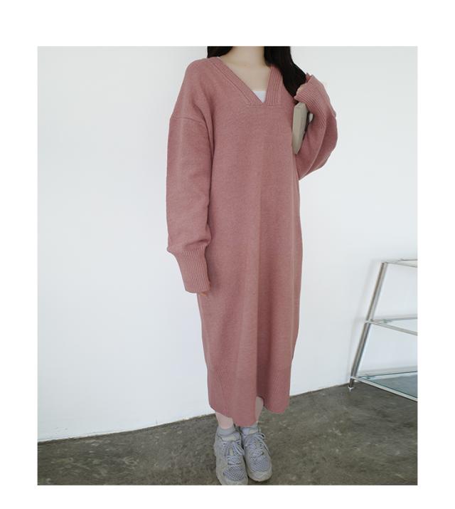 ディープVネックニットワンピース ロングワンピース カフタンデザイン