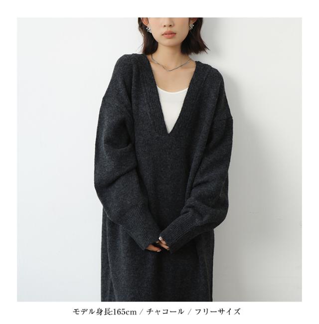 ディープVネックニットワンピース ロングワンピース カフタンデザイン