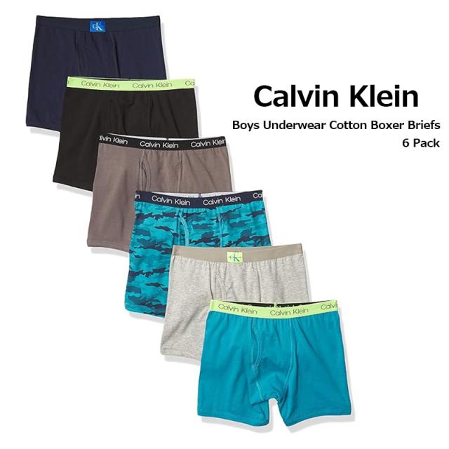 カルバンクライン 6枚セット 下着 キッズ  ボーイズ ボクサーパンツ アンダーウェア コットン ボクサーブリーフ 男の子 ブランド 黒   Boys Underwear Cotton Boxer Briefs, 6 Pack Castlerock Grey/Moon Blue/Black Iris/Camo/Heather Grey/ Black