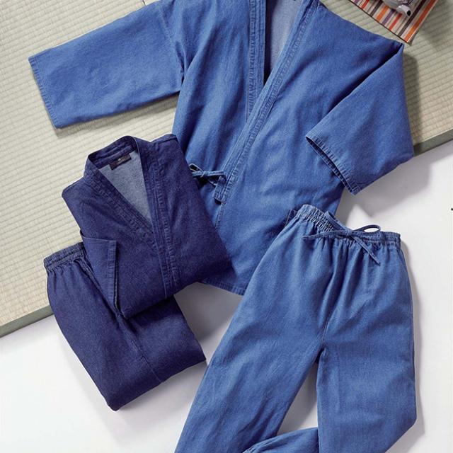 デニム作務衣 40096 2色セット(ソフトブルー・インディゴブルー)(カジュアルに着こなしができるデニムの作務衣(男性・女性の和の普段着) 日本伝統の和の作業着をおしゃれ着用できる)