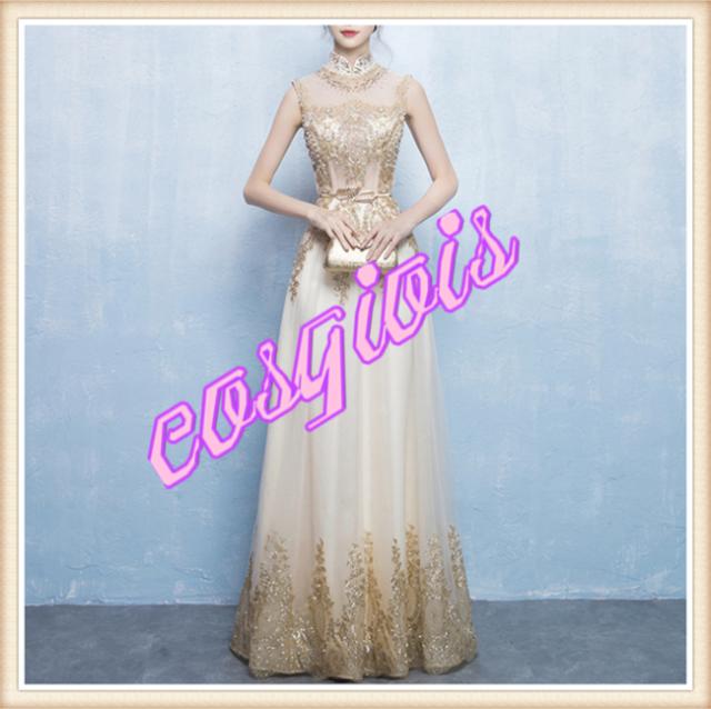 ゴールデンイブニングドレス 結婚式 ビーズ刺繍 チャイナ パーティードレス エレガント ロング 立ち襟 キラキラ チュール ビーズ スパンコール big_ac
