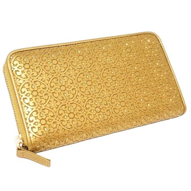 財布 メガトン押し幾何学柄 ラウンドファスナー長財布 国産 ゴールド 牛革 長束 札入れ カード入れ 小銭入れ 日本製