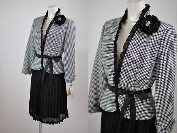 【送料無料】卒業式 スーツ 【９号/１１号】◆千鳥格子襟レースウエストリボン　プリーツスカートスーツ コサージュ付