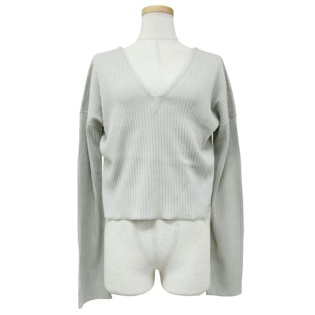 JANE SMITH ジェーンスミス Plage 別注 カットソー 24春夏 ライトグレー FREE Vネック リブ ショート丈 長袖 トップス プルオーバー 日本製  シンプル オフィス カジュアル 大人 きれいめ 無地【レディース】【中古】【美品】【K4149】