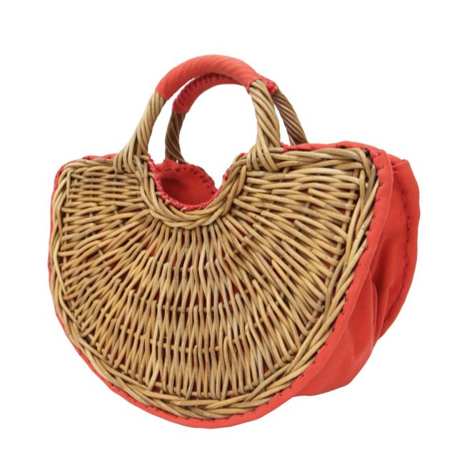 ebagos エバゴス バッグ かごバッグ ブラウン レッド ハンドバッグ キャンバスコンビ 半月型  KAGO BUKURO 防水 バスケット カバン シンプル カジュアル 大人 きれいめ【レディース】【中古】【美品】【K4132】