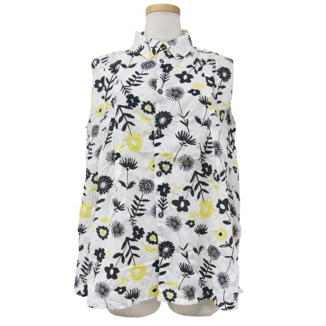 GRANDMA MAMA DAUGHTER グランマ ママ ドーター シャツ コットン 24春夏 ホワイト イエロー ネイビー 1(S) nobana  シワ加工 花柄 フラワー ノースリーブ ブラウス トップス きれいめ 上品【レディース】【中古】【美品】【K4161】