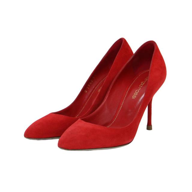 Sergio Rossi セルジオロッシ パンプス スウェード レッド 赤 34(21.0cm) ピンヒール ハイヒール アーモンドトゥ レザー シューズ 靴 イタリア製 ブランド【レディース】【中古】【K4161】