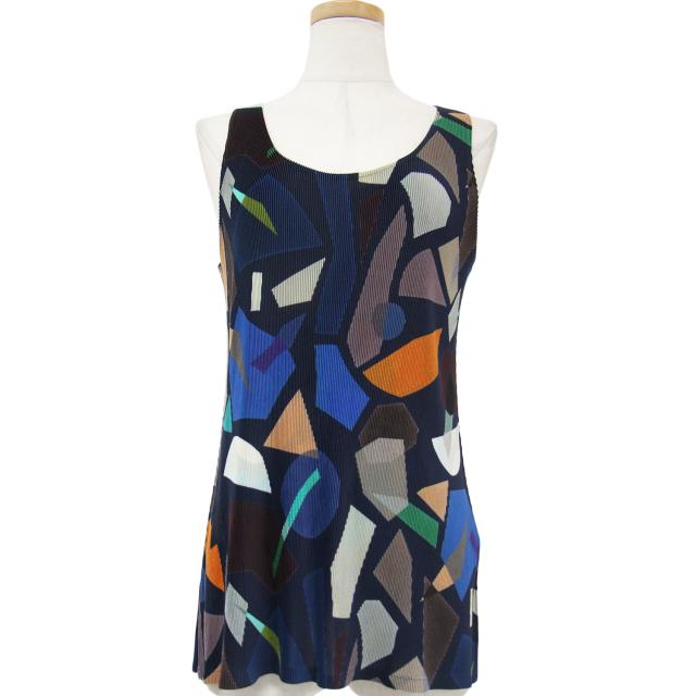 PLEATS PLEASE プリーツプリーズ カットソー ブラック 3(L) ラウンドネック タンクトップ ジオメトリック 幾何学 プリント トップス  プルオーバー 【レディース】【中古】【美品】【K4044】