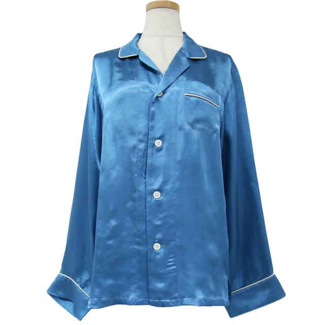 dahlia ダリア シャツ ブラウス 24SS ブルー サイズ:FREE パジャマシャツ オープンカラー ワイドスリーブ 長袖 ボタン 光沢 サテン レーヨン 日本製 トップス カジュアルシャツ【レディース】【中古】【美品】【K4062】