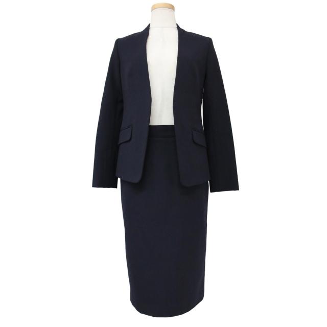 PLST プラステ スーツ ネイビー 紺 ノーカラージャケット XS タイトスカート S 膝丈 Vネック ストレッチ セットアップスーツ ビジネス フォーマル シンプル 大人 きれいめ 上品【レディース】【中古】【K4138】
