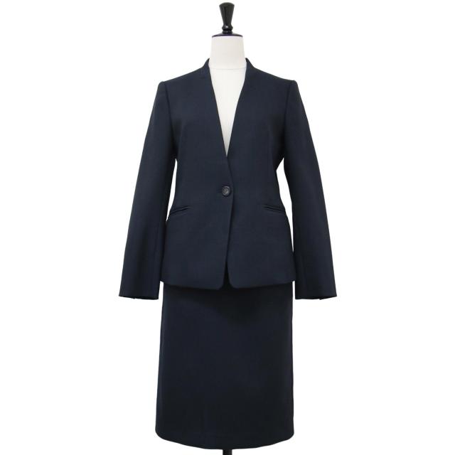 PLST プラステ ネイビー 紺 ジャケット S / スカート XS セットアップ スーツ ノーカラー ミディ丈 長袖 ストレッチ フォーマル 【レディース】【中古】【美品】【K4219】