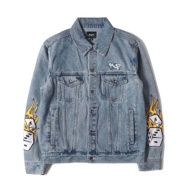 HUF ハフ ジャケット サイズ:M 23SS フレイム&サイコロ刺繍 3rdタイプ デニムジャケット インディゴ アウター Gジャン ブルゾン 上着【メンズ】【中古】【美品】【K4191】