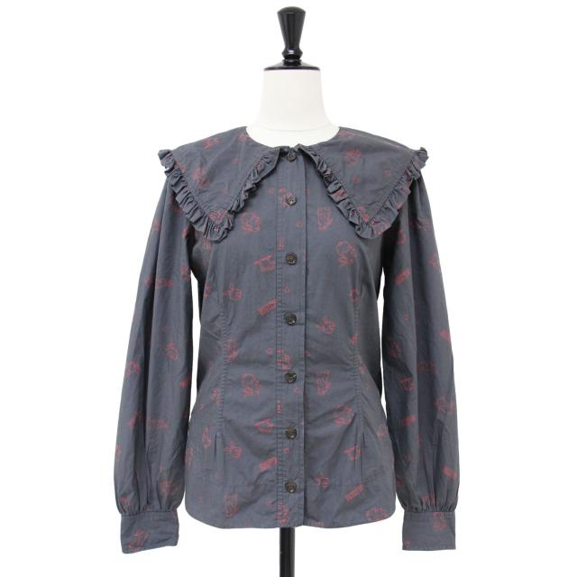 GANNI ガニー ブラウス チャコールグレー サイズ:34(XS) ビッグカラー ウサギ プリント ブラウス / 長袖 フリル ロゴ ハート コットン トップス シャツ【レディース】【中古】【K4259】