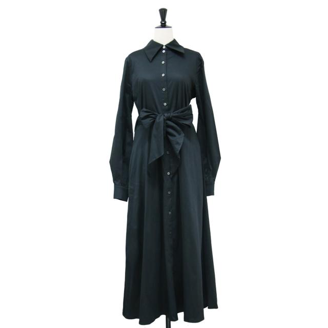 RACIL ラシル ワンピース ブラック 黒 サイズ:34(XXS) ストレッチ コットン ロング シャツ ワンピース / 長袖 バックオープン ウエストリボン フレア トップス ドレス【レディース】【中古】【K4314】