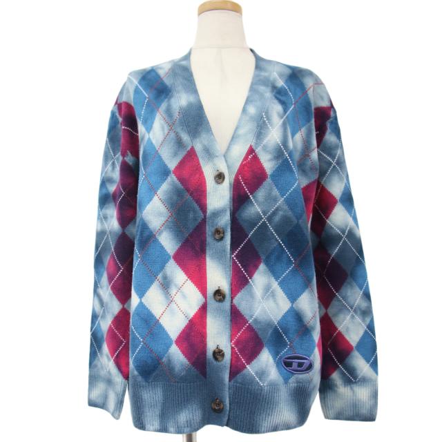DIESEL ディーゼル カーディガン ニット ウール ブルー S アーガイル チェック タイダイ Vネック 長袖 トップス 秋冬 大人 きれいめ カジュアル 個性的【レディース】【中古】【美品】【K4047】