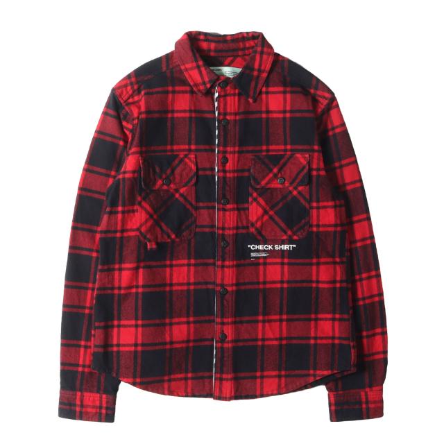 OFF-WHITE オフホワイト シャツ サイズ:M / バックロゴ ヘビーウェイト チェック フランネルシャツ (QUOTE FLANNEL SHIRT) / レッド ブラック / トップス カジュアルシャツ 長袖【メンズ】【中古】【K4348】