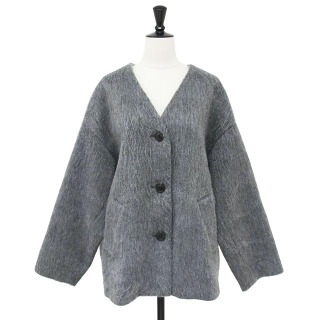 URBAN RESEARCH ROSSO アーバンリサーチ ロッソ コート グレー サイズ:FREE / シャギー ノーカラー ショート コート / Vネック オーバーサイズ ウールブレンド / 日本製 / アウター ジャケット 上着【レディース】【中古】【K4348】