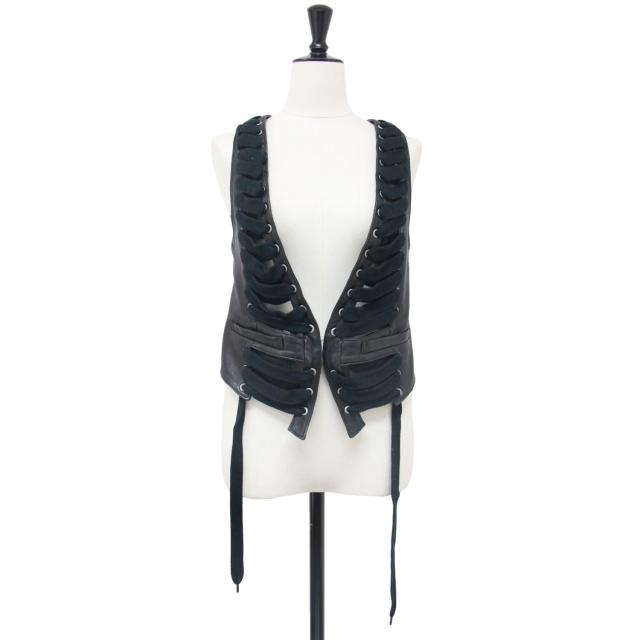 MIHARA YASUHIRO ミハラヤスヒロ ベスト ブラック 黒 サイズ:FREE / ラムレザー レースアップ ベスト / ジレ ショート丈 編み上げ / 日本製 / トップス【レディース】【中古】【K4351】