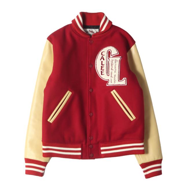 CALEE キャリー ジャケット サイズ:M / ワッペン付き 袖レザー メルトンウール スタジャン / レッド / アウター ブルゾン ジャンパー 上着【メンズ】【中古】【美品】【K4355】