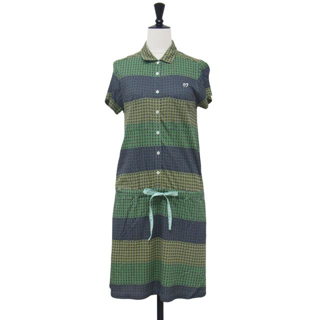 MASTER BUNNY EDITION マスターバニーエディション ワンピース グリーン系 サイズ:0(S) / 総柄プリント シャツ ワンピース / ミディ丈 半袖 ジオメトリック柄 幾何学柄 ストレッチ ジャージ 衿付き / 日本製 / トップス スポーツ【レディース】【中古】【美品】【K4356】