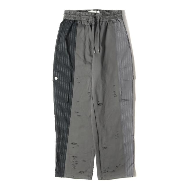 FenG CHen WANG フェン チェン ワン パンツ サイズ:S ストライプ ドッキング ダメージ加工 スウェット カーゴパンツ グレー ボトムス ズボン【メンズ】【中古】【美品】【K4038】