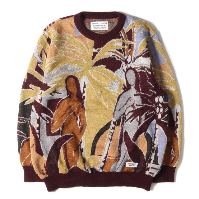 WACKO MARIA ワコマリア ニット サイズ:L 22AW パラダイス図 モヘヤニット ジャガード セーター YULA パラダイス図 COTTON MOHAIR CREW NECK SWEATER バーガンディー トップス 長袖【メンズ】【中古】【美品】【K4043】