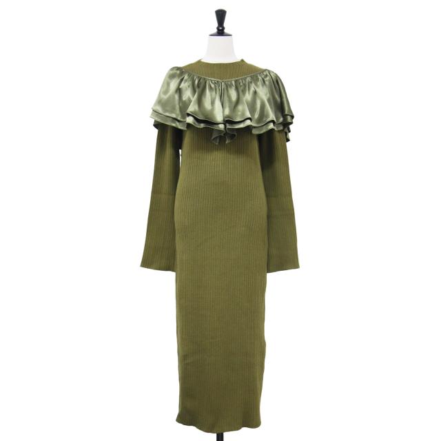 AMERI アメリ MIREI KIRITANI ワンピース カーキ サイズ:S / ラッフル セット ニット ドレス / RAFFLE SET KNIT DRESS ニット 長袖 リブ サテン 付け衿 コットン / トップス【レディース】【中古】【K4381】