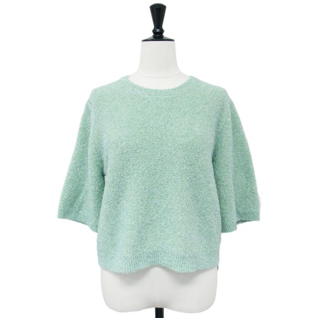 NOLLEYS ノーリーズ ニット ミントグリーン サイズ:38(M) / 24秋冬 sophi カシミヤ混 キラキラ フェザー 5分袖 プルオーバー ニット / 半袖 クルーネック ラメ / トップス セーター【レディース】【中古】【美品】【K4389】