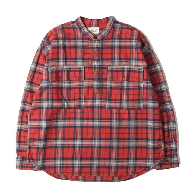 FEAR OF GOD フィアオブゴッド シャツ サイズ:M / オーバーサイズ バンドカラー プルオーバー チェックネルシャツ (SIXTH COLLECTION) / レッド ネイビー / トップス カジュアルシャツ 長袖 / USA製【メンズ】【中古】【K4395】