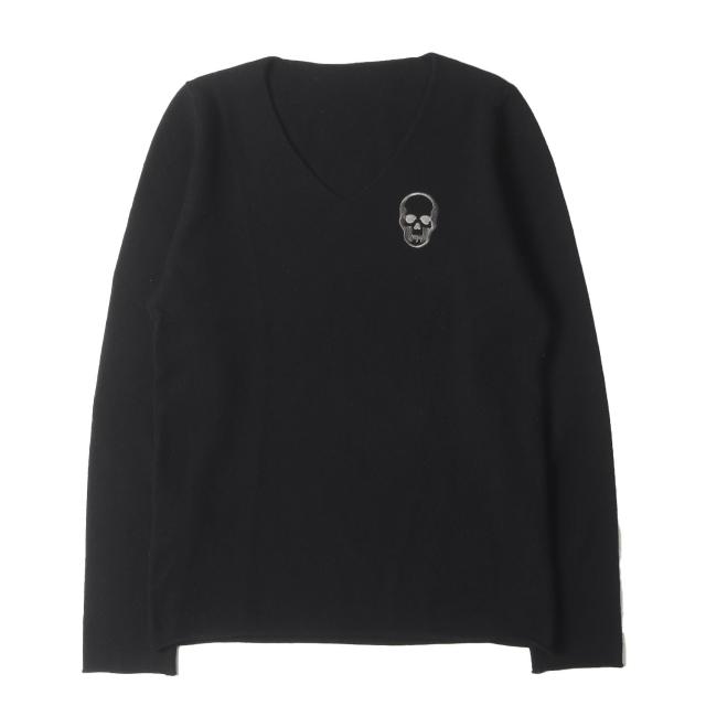 lucien pellat-finet ルシアンペラフィネ ニット サイズ:M / スカル刺繍 Vネック カシミヤ ニット / ブラック 黒 / トップス セーター プルオーバー【メンズ】【中古】【K4401】