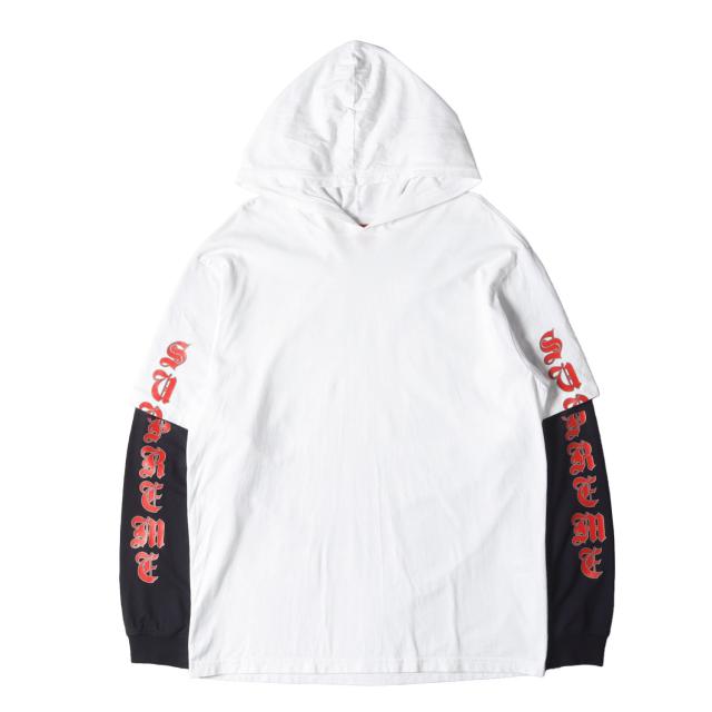 Supreme シュプリーム Tシャツ サイズ:S / 22AW 袖レイヤード フード付き ロングスリーブ Tシャツ (Layered Hooded L/S Top) / ホワイト ネイビー 白紺 / トップス カットソー フーディー 長袖【メンズ】【中古】【K4409】