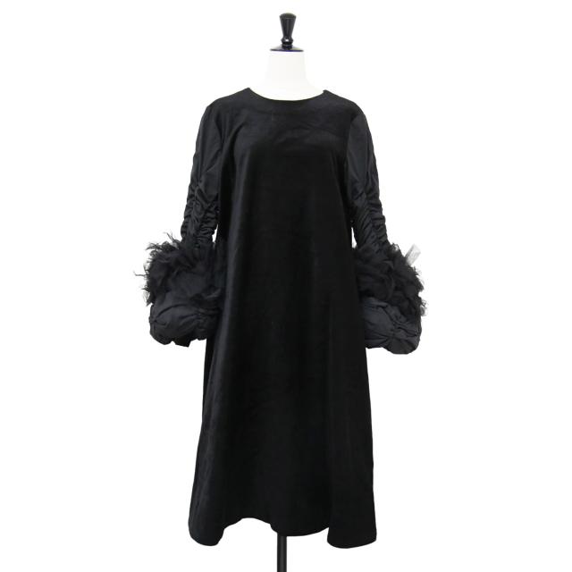 COMME des GARCONS コムデギャルソン ワンピース ブラック 黒 サイズ:S / ベロア 袖切替 Aライン ワンピース / ギャザー チュール ミディ丈 膝下 長袖 / 日本製 / トップス ドレス【レディース】【中古】【K4410】
