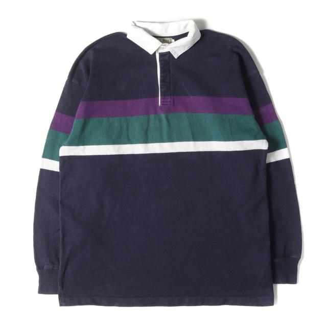 L.L.Bean エルエルビーン サイズ:L / 90s ボーダー ラガーシャツ(USA製) / ネイビー パープル グリーン / トップス ルーズシルエット【メンズ】【中古】【K4414】