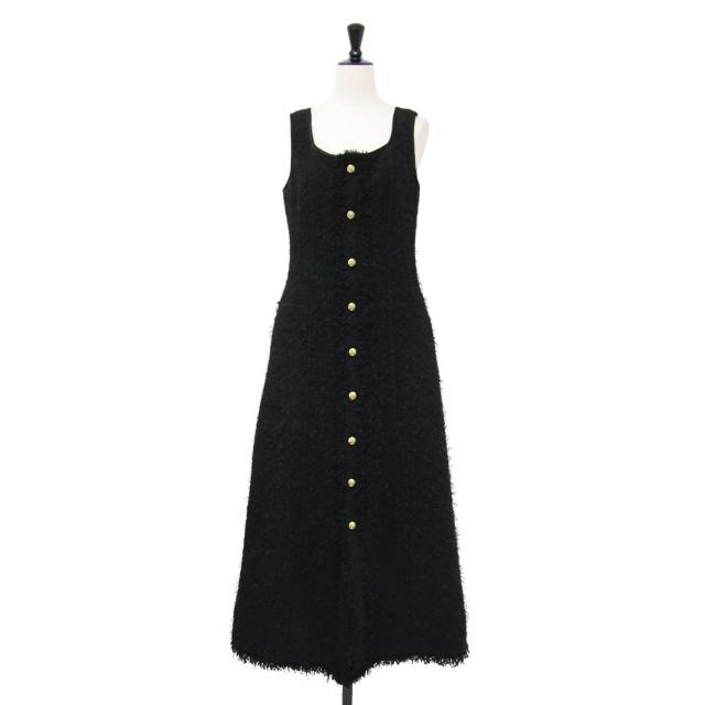 BLAMINK ブラミンク ワンピース ブラック 黒 サイズ:36(S) / ツイードノースリーブ ワンピース / マキシ丈 金ボタン Aライン フリンジ / 日本製 / トップス ドレス【レディース】【中古】【K4427】