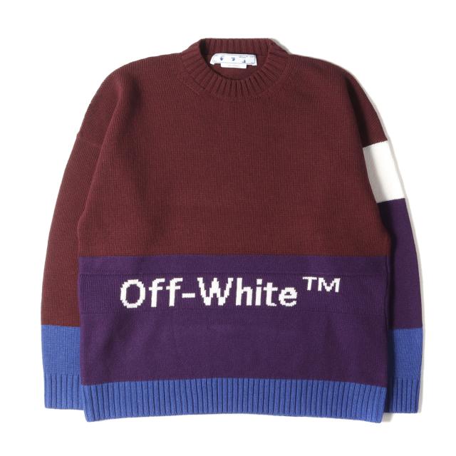OFF-WHITE オフホワイト ニット サイズ:L 22AW カラーブロック オーバーサイズ クルーネック ウール ニット セーター COLOR BLOCK OFF CREWNECK パープル バーガンディー イタリア製 ブランド トップス カジュアル ブランド 長袖 【メンズ】【中古】【新品同様】【K3869】