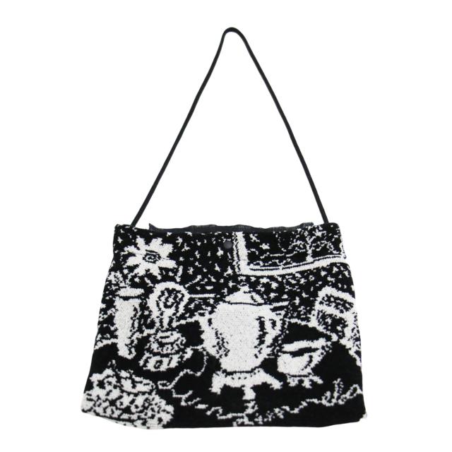 ebagos エバゴス バッグ ブラック ホワイト 黒白 / シェニール ストラップ付 ポケット HIRAMEITA / ショルダー ポーチ 肩掛け ボーダー ポット柄 / ブランド カバン【レディース】【中古】【K4436】