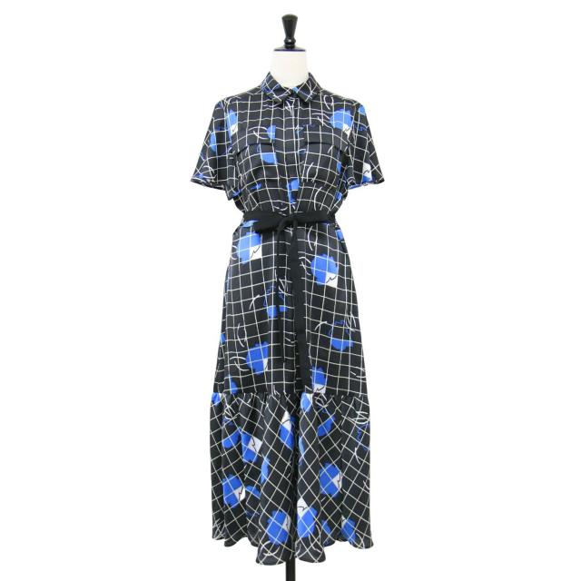 GRACE CLASS グレースクラス ワンピース ブラック系 サイズ:36(S) / 24春夏 ライン フラワー シャツ ドレス / ワンピース ロング丈 半袖 花柄 チェック リボン ティアード フレア / トップス ドレス【レディース】【中古】【美品】【K4437】