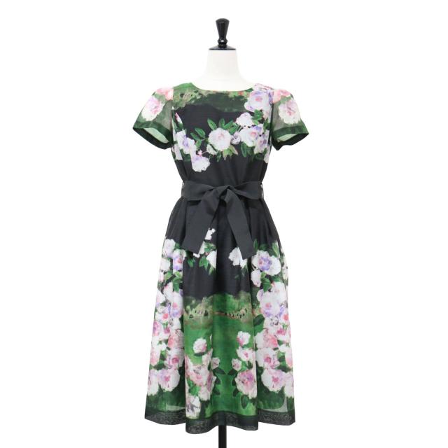 MS GRACY エムズグレイシー ワンピース ブラック 黒 サイズ:36(S) / 24秋冬 絵画風プリント ドレス / ワンピース ミディ丈 パフスリーブ シアー ウエストリボン フレア / トップス ドレス / 日本製【レディース】【K4438】