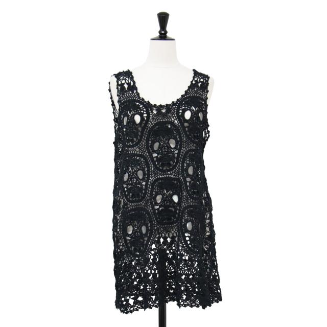 HYSTERIC GLAMOUR ヒステリックグラマー ニット ブラック 黒 サイズ:FREE / クロッシェ編み コットン ノースリーブ ニット / チュニック丈 スカル模様 ベスト プルオーバー / トップス【レディース】【中古】【K4439】
