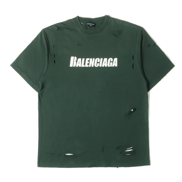 BALENCIAGA バレンシアガ Tシャツ サイズ:XXS / フェード デストロイ加工 ロゴ クルーネック Tシャツ (Caps Destroyed Flatground Tee) / グリーン / トップス カットソー 半袖【メンズ】【中古】【K4441】