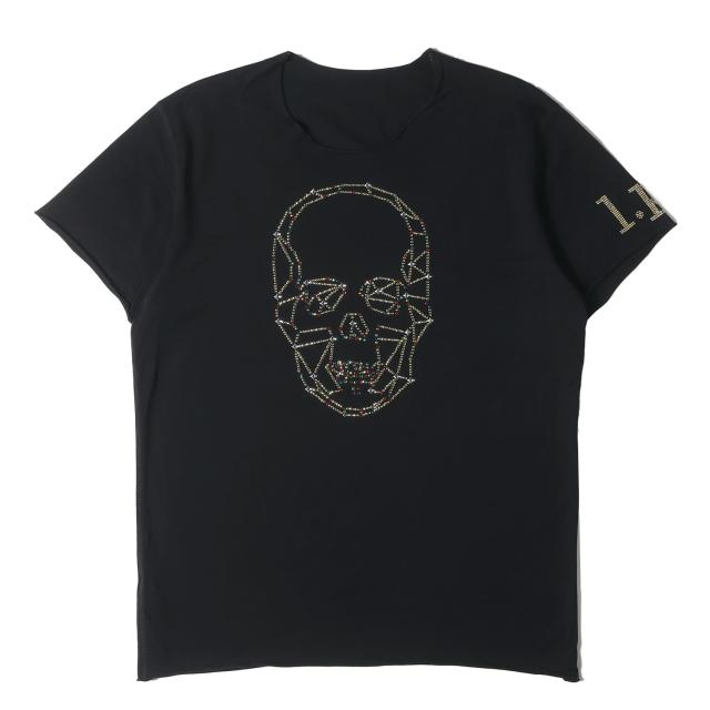 lucien pellat-finet ルシアンペラフィネ Tシャツ サイズ:XL / ラインストーン&ビーズ スカル 切りっぱなし Tシャツ / ブラック 黒 / トップス カットソー 半袖 / イタリア製【メンズ】【中古】【美品】【K4443】