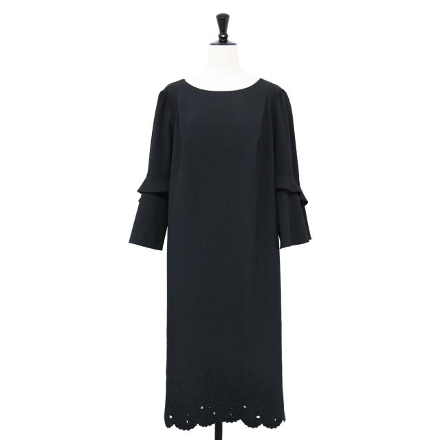 Rose Tiara ローズティアラ ワンピース ブラック 黒 サイズ:42(XL) / フレアスリーブ ミディ ワンピース / バッククロス 裾レース  7分袖 ラウンドネック / 日本製 / トップス ドレス【レディース】【中古】【K4444】