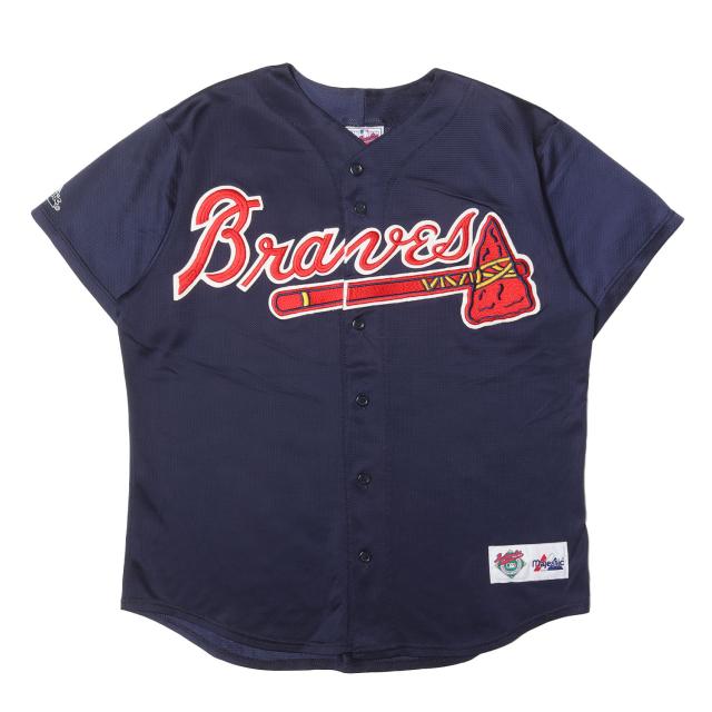 Majestic マジェスティック シャツ サイズ:M / 90s アトランタ・ブレーブス ベースボールシャツ / メッシュジャージ (USA製) / ネイビー 紺 / トップス カジュアルシャツ 半袖【メンズ】【中古】【K4451】