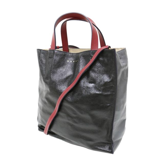 MARNI マルニ バッグ グレー レッド / Museo Soft ミニバッグ / トートバッグ ショルダー スクエア カラーブロック バイカラー ロゴ レザー 牛革 / イタリア製 / ブランド カバン【レディース】【中古】【美品】【K4458】