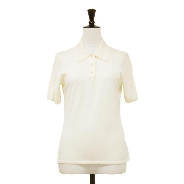 Theory セオリー ニット ホワイト 白 サイズ:S(9号) / 24春夏 パールボタン ポロ ニット / Regal Wool Easy Polo P 半袖 ハイゲージ ウール / トップス セーター プルオーバー【レディース】【中古】【美品】【K4456】