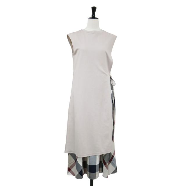 BLUE LABEL CRESTBRIDGE ブルーレーベル クレストブリッジ ワンピース ピンクベージュ / サイズ:36(S) ロングジレ付き チェック柄 3WAY ノースリーブ ワンピース / ミディ丈 クルーネック フレア / トップス ドレス【レディース】【K4458】