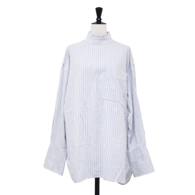 THE SHINZONE ザシンゾーン シャツ ホワイト ブルー系 サイズ:36(M) / フリル ネック シャツ / FRILL NECK SHIRT ブラウス スタンドカラー 長袖 ストライプ コットン / 日本製 / トップス【レディース】【中古】【K4466】