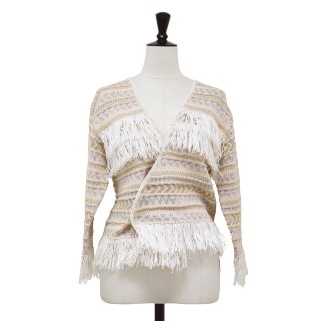 MACPHEE マカフィー カーディガン ライトベージュ系 サイズ:S(9号) / コットン ポリエステル ジャカード フロントオープン カーディガン / ニット Vネック 7分袖 フリンジ / トップス セーター【レディース】【中古】【K4462】